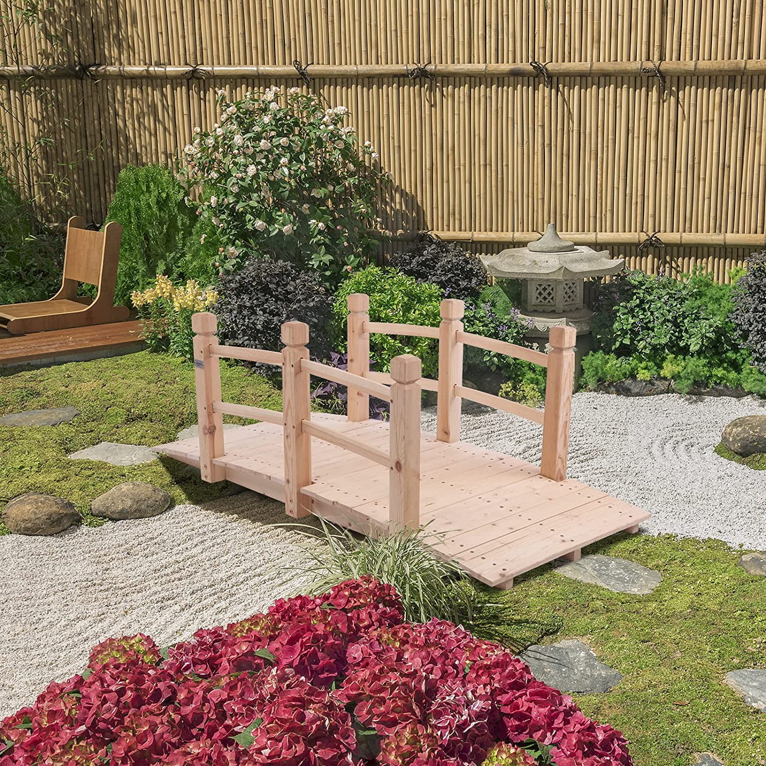 5 ft Garden Bridge, Classic Wooden Arch with Safety Rails Natural ...