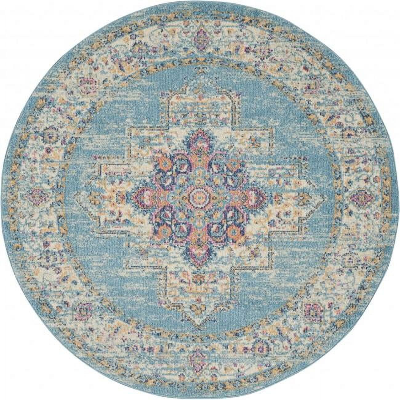 5 ft. Round Light Blue Distressed Medallion Area Rug - Light Blue - 5 ...