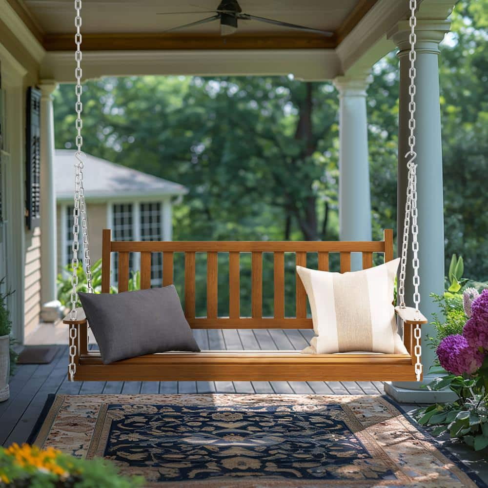 5 ft. Wood Patio Porch Swing Outdoor With Chains and Curved Bench ...