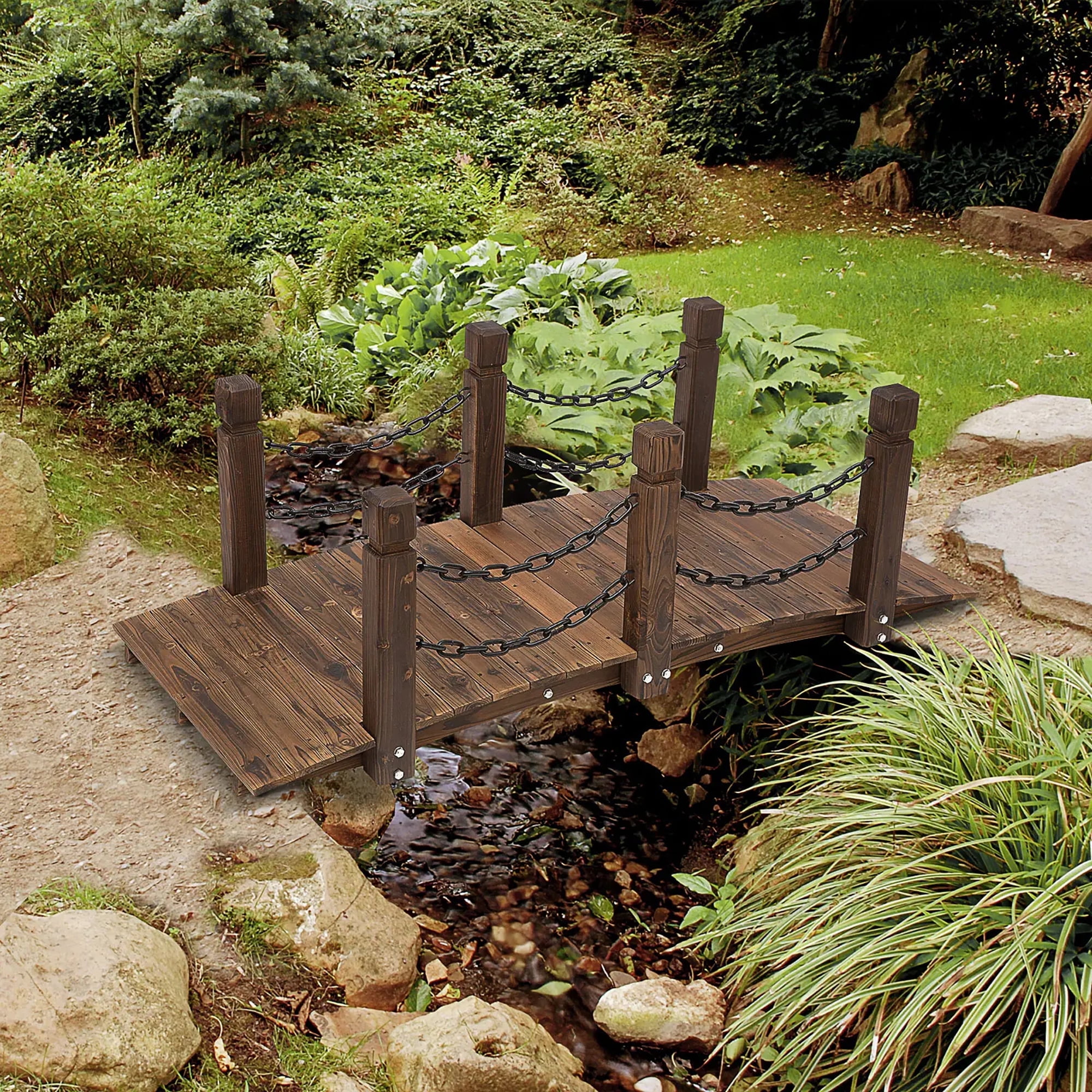 5 ft Wooden Garden Bridge Arc Footbridge with Metal Chain Railings ...