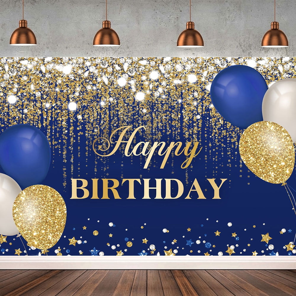 5 ft x 3 ft Blue Gold Glitter Balloons Happy Birthday Backdrop – Stunning Decoration for ...