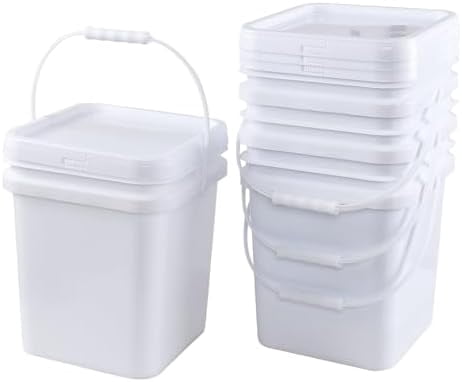 5 Gallon Plastic Square Bucket with Lid and Handle, 4 Pack White Square ...