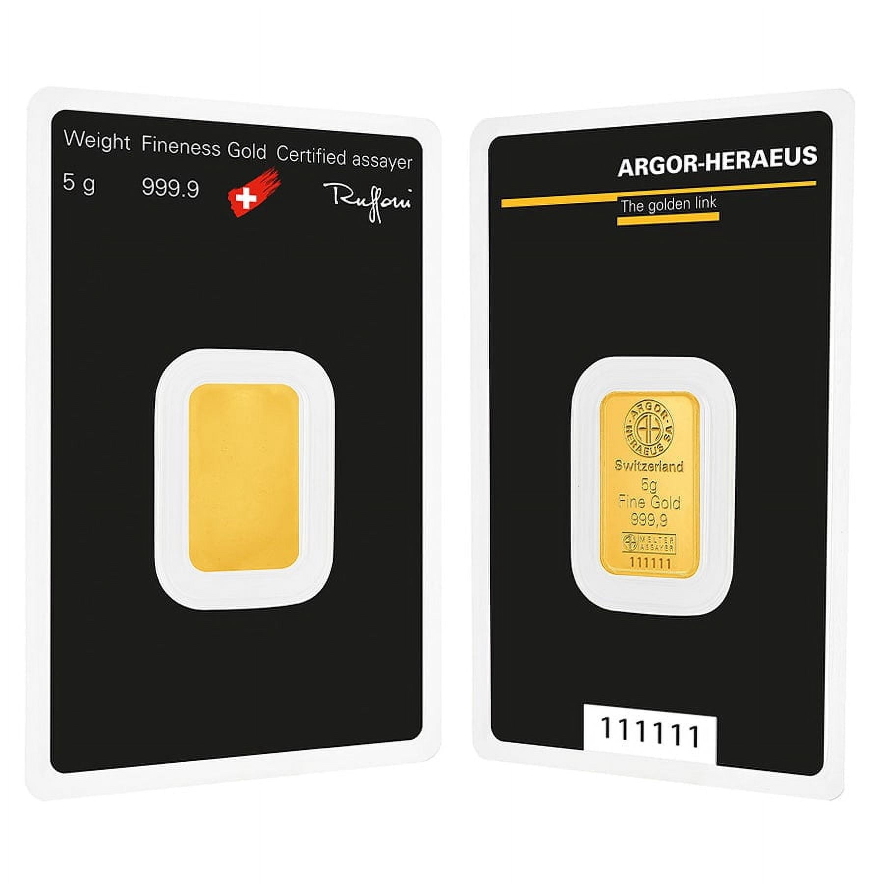 Argor-Heraeus 5 Gram High-Purity .9999 Fine Gold Bar (New in Assay ...