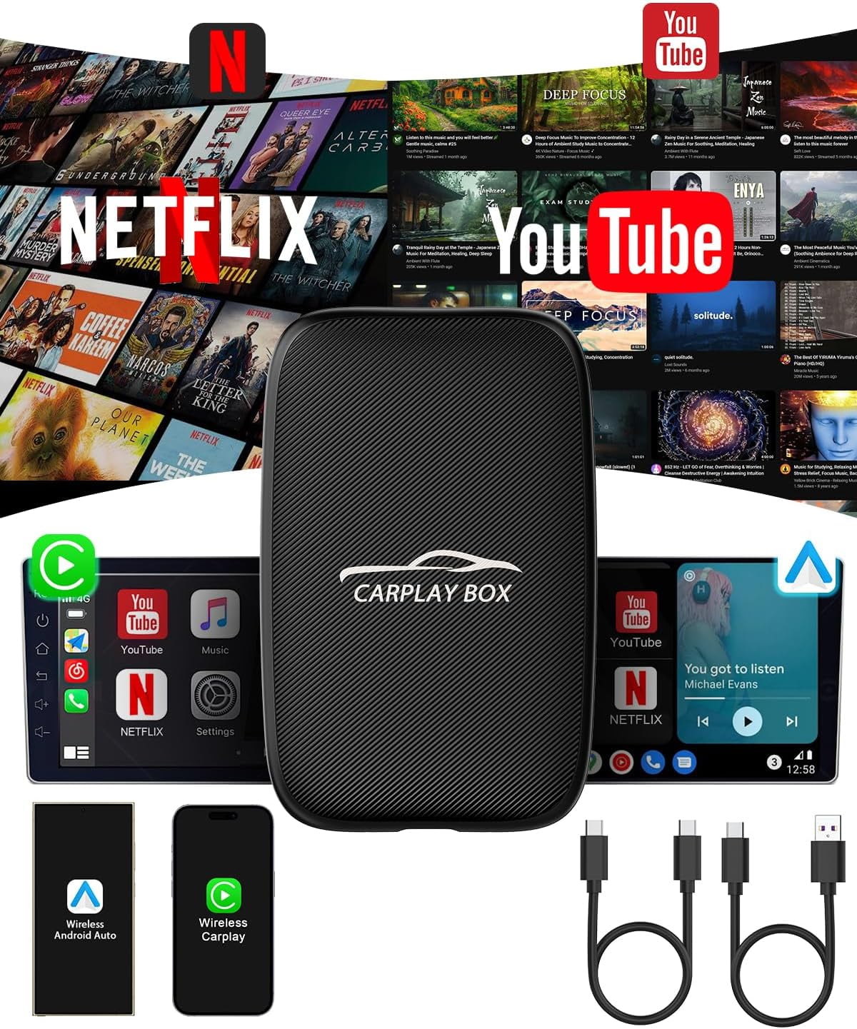 5-in-1 Android Auto Wireless Adapter and Apple CarPlay Adapter, Carplay ...