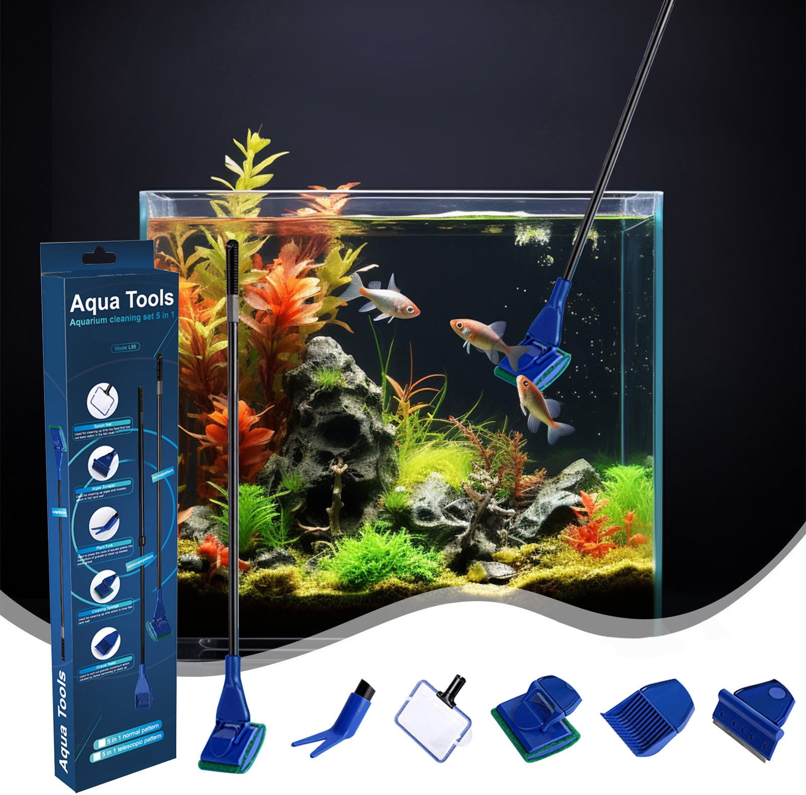 5-in-1 Aquarium Cleaning Kit with Algae Scraper, Sand Rake, Adjustable ...