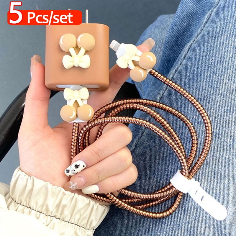 5 in 1 Brown Cartoon Cute Cable Protector Set Compatible for iPhone 20W ...