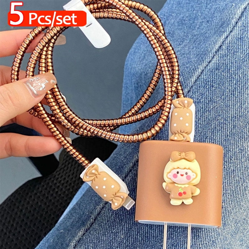 5 in 1 Brown Cartoon Cute Cable Protector Set Compatible for iPhone 20W ...