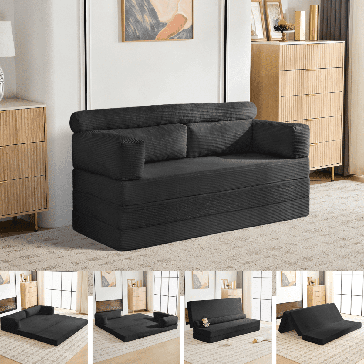 5-in-1 Convertible Sofa Bed, Tri Folding 60" Boneless Couch Mattress ...
