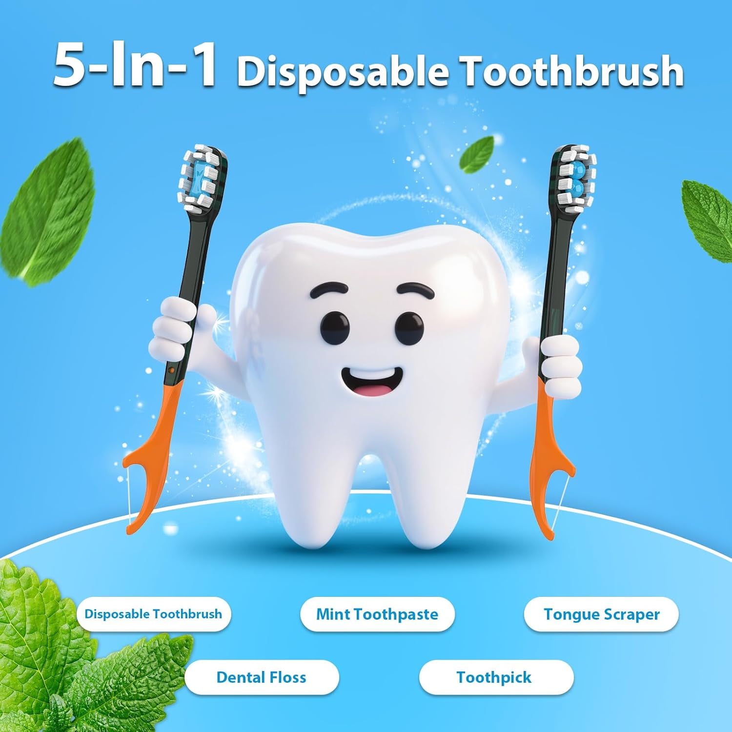 5-in-1 Disposable Toothbrush with Pre-Pasted Toothpaste - Mini Travel ...