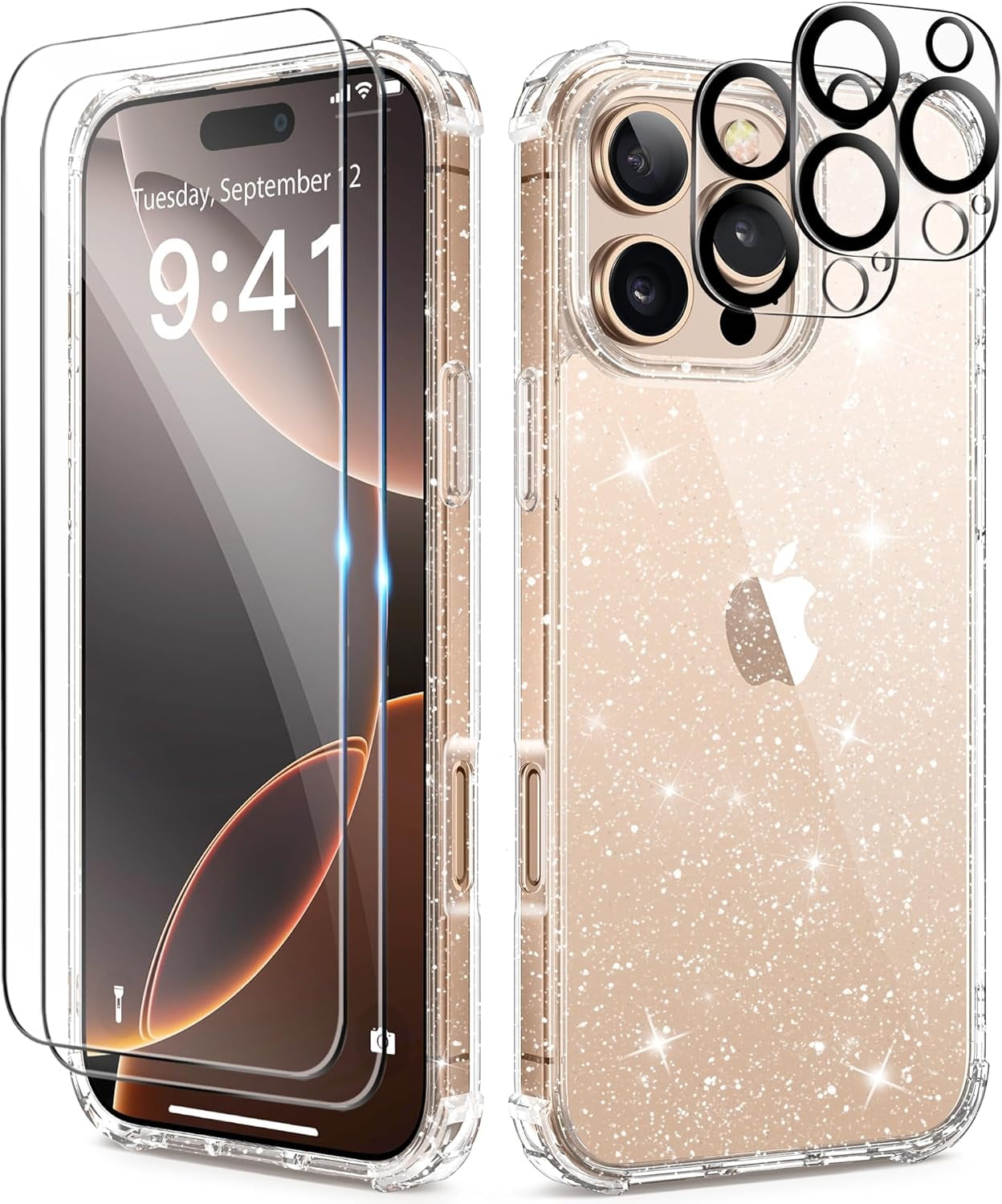5-in-1 Entronix Bundle with Clear Glitter Case, 2 Clear Camera Lens ...
