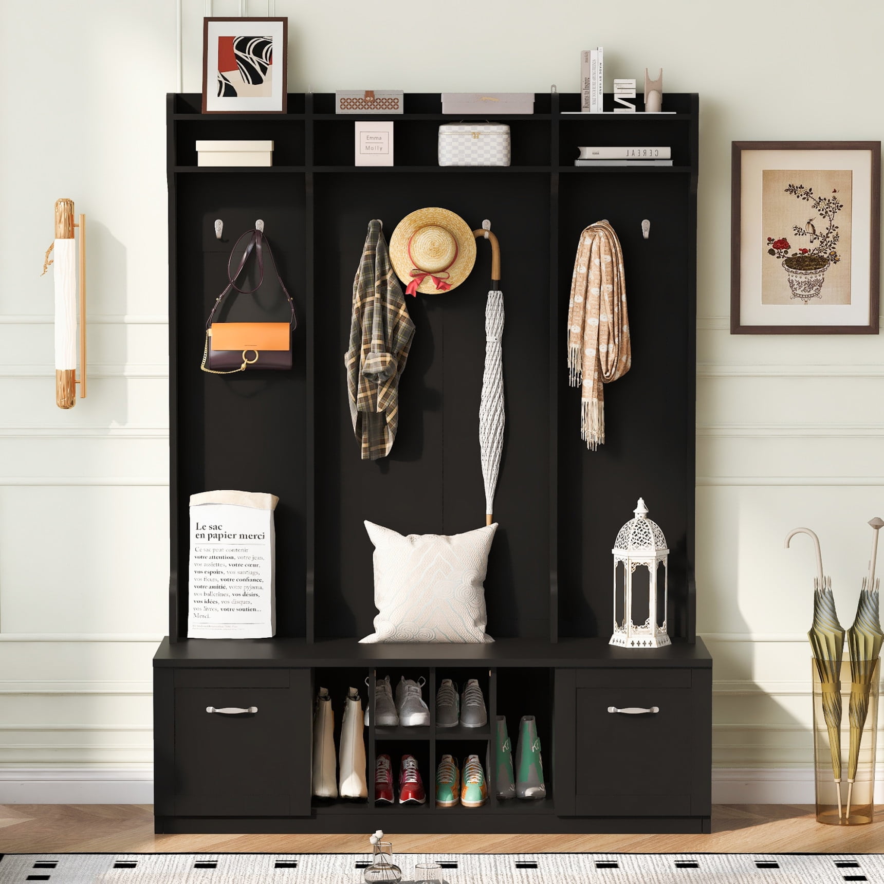 5-in-1 Entryway Bench with Coat Rack and Shoe Storage, 7 Sturdy Hooks ...