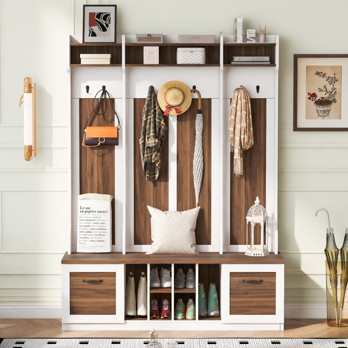 5-in-1 Entryway Bench with Coat Rack, 7 Hooks & 2 Drawers, Adjustable ...