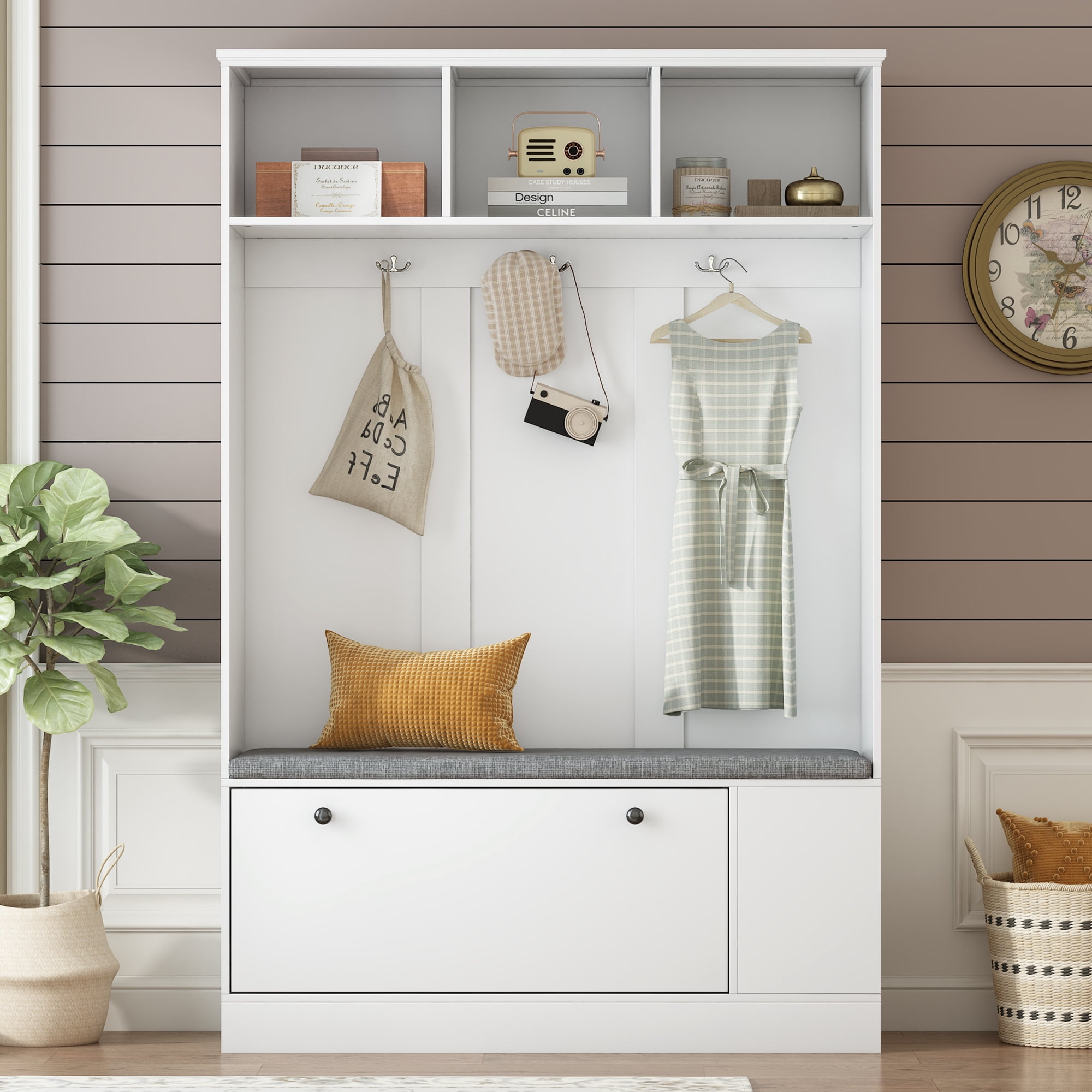 5-in-1 Entryway Bench with Coat Rack, Cushion and 3 Sturdy Hooks, 47.2 ...