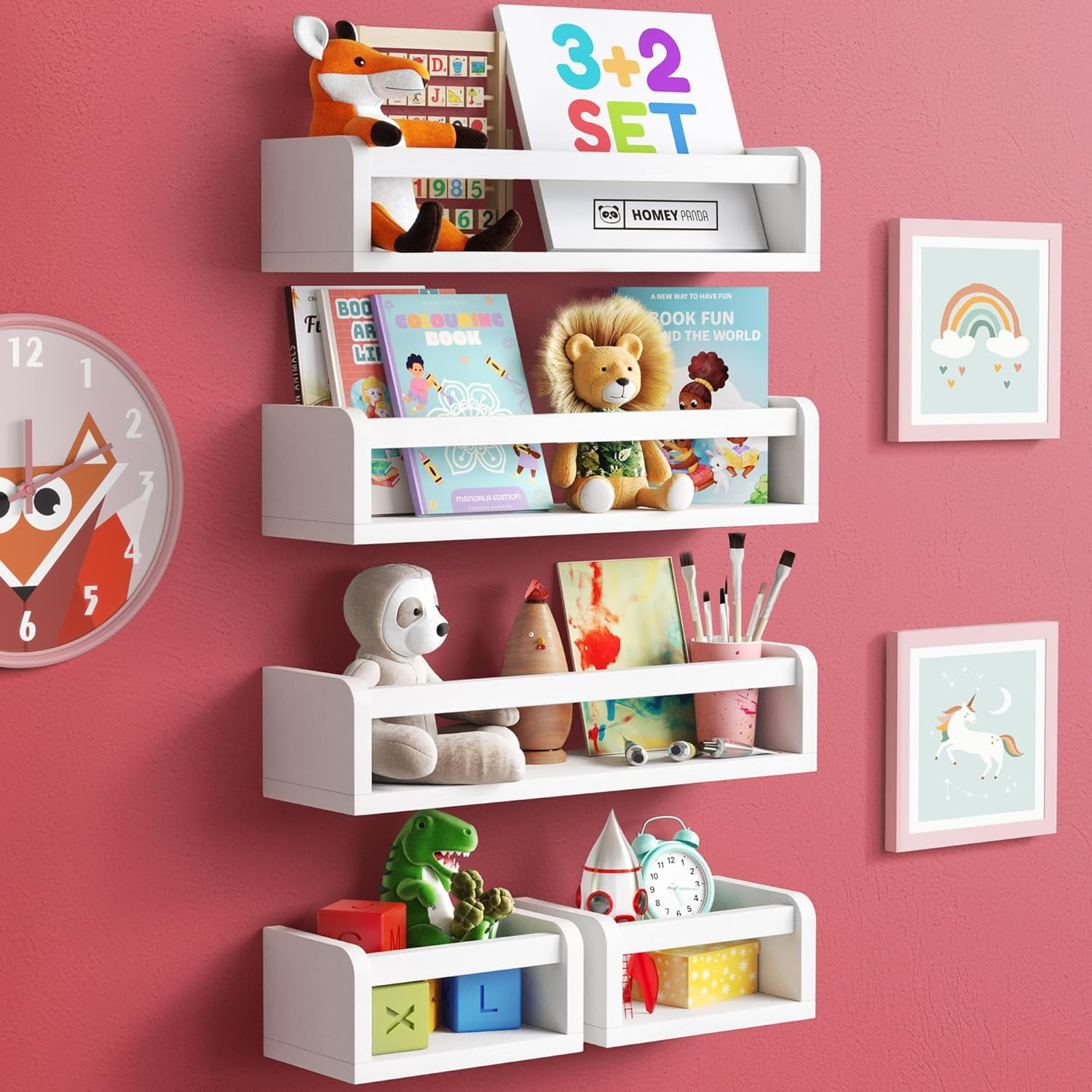 5-in-1 Floating Nursery Book Shelves for Wall (3 Long + 2 Mini) Solid ...