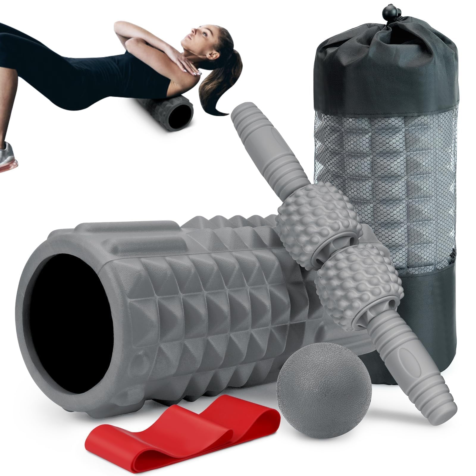 5-in-1 Foam Roller Set, Massage Roller Stick, Massage Ball, Resistance ...