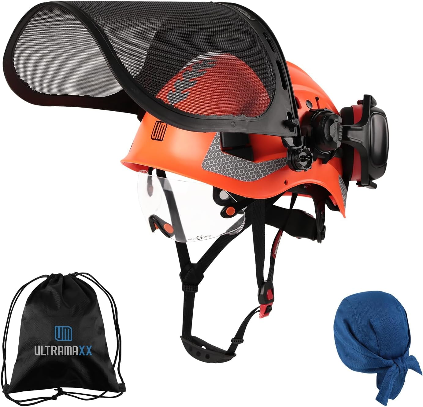 5 in 1 Forestry Safety Helmet with Mesh Face Shield, Built-in Visor, and Ear Muffs Kit, Vented ...