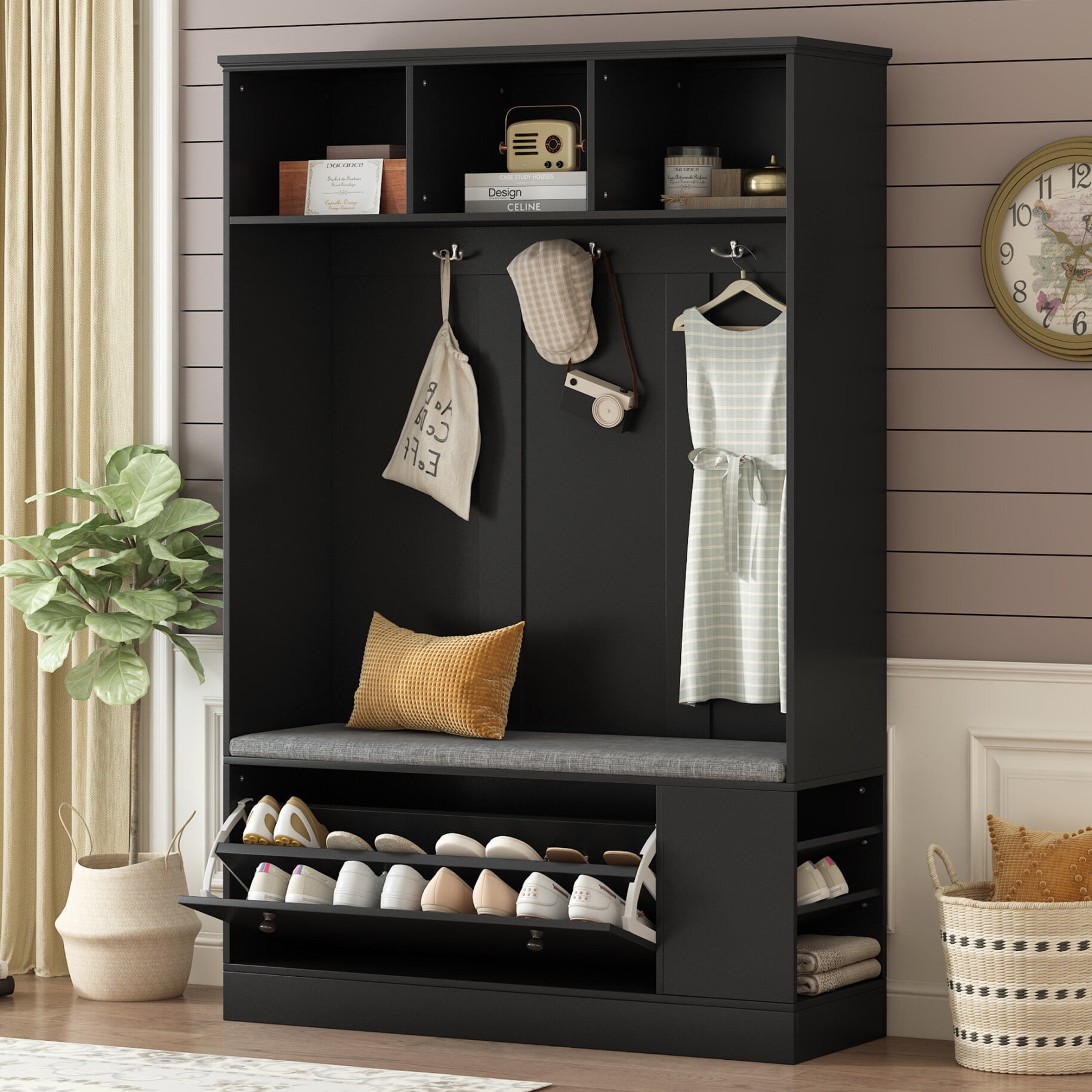 5-in-1 Hall Tree,Entryway Bench with Coat Rack,Cushion and 3 Sturdy ...