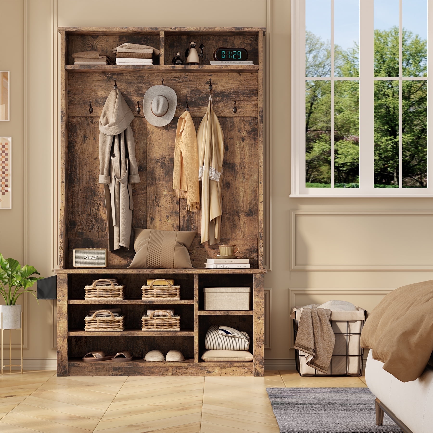 5-in-1 Hall Tree Shoe Storage Bench, Entryway Clothes Rack with 7 Hooks ...