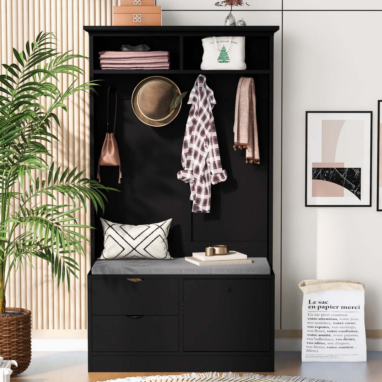 Walmart 5-in-1 Black Hall Tree: Entryway Organizer with Storage Bench ...