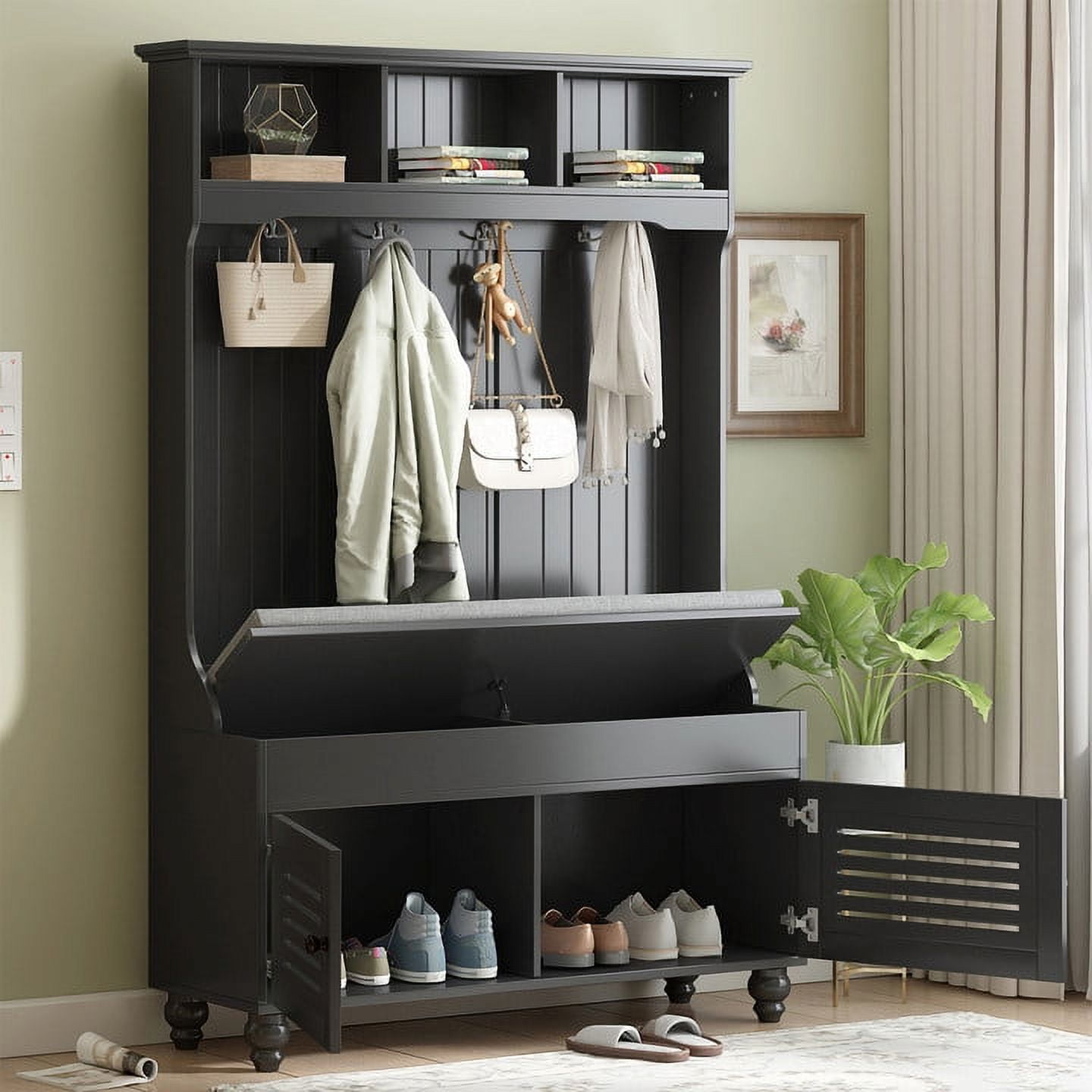 5-in-1 Hall Tree With Shoe Bench,Shutter-shaped Doors Cabinet,Coat Rack ...
