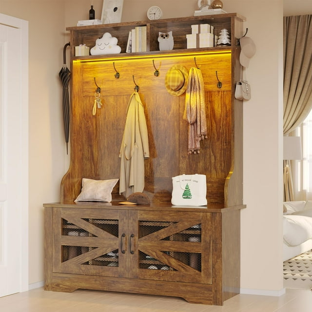 5-in-1 Hall Tree with LED Lights&Coat Rack&Bench&Shoe Storage, Entryway ...