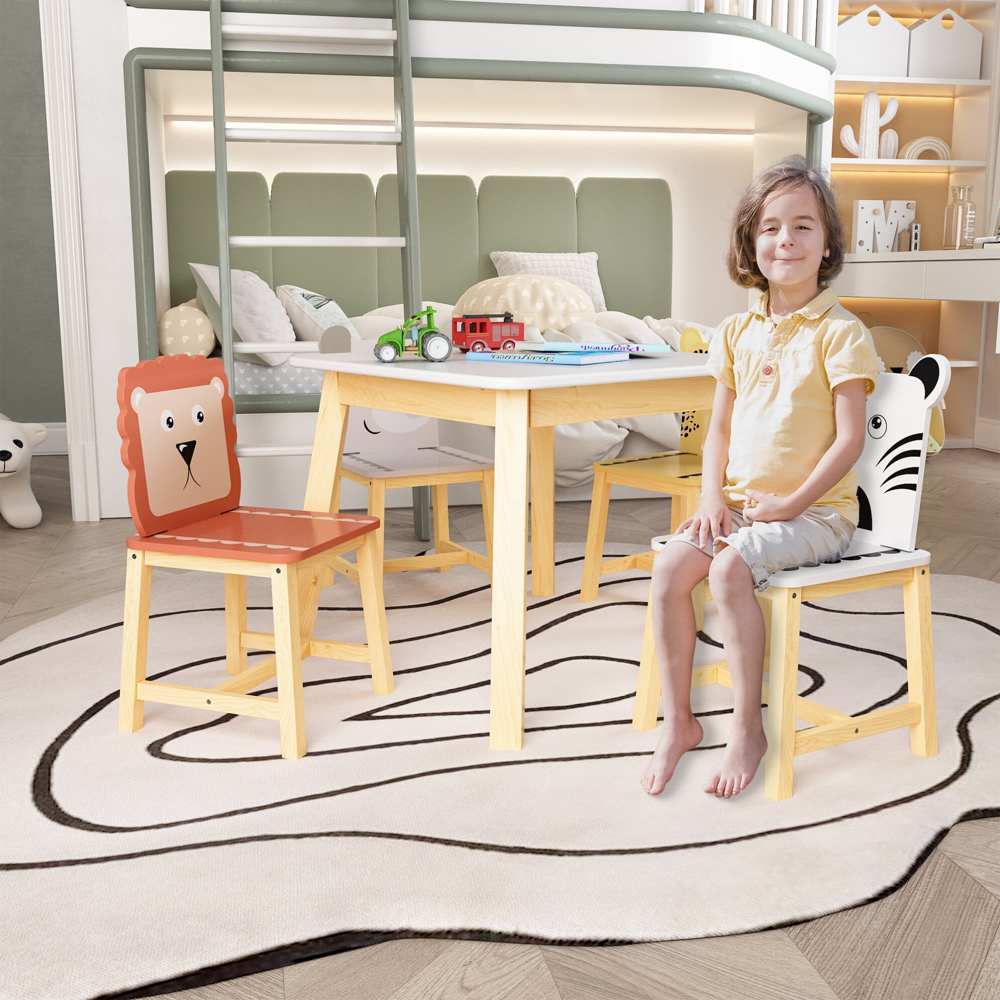5-in-1 Kids Table and Chair Set, Modern Wooden Activity Play Table Set ...