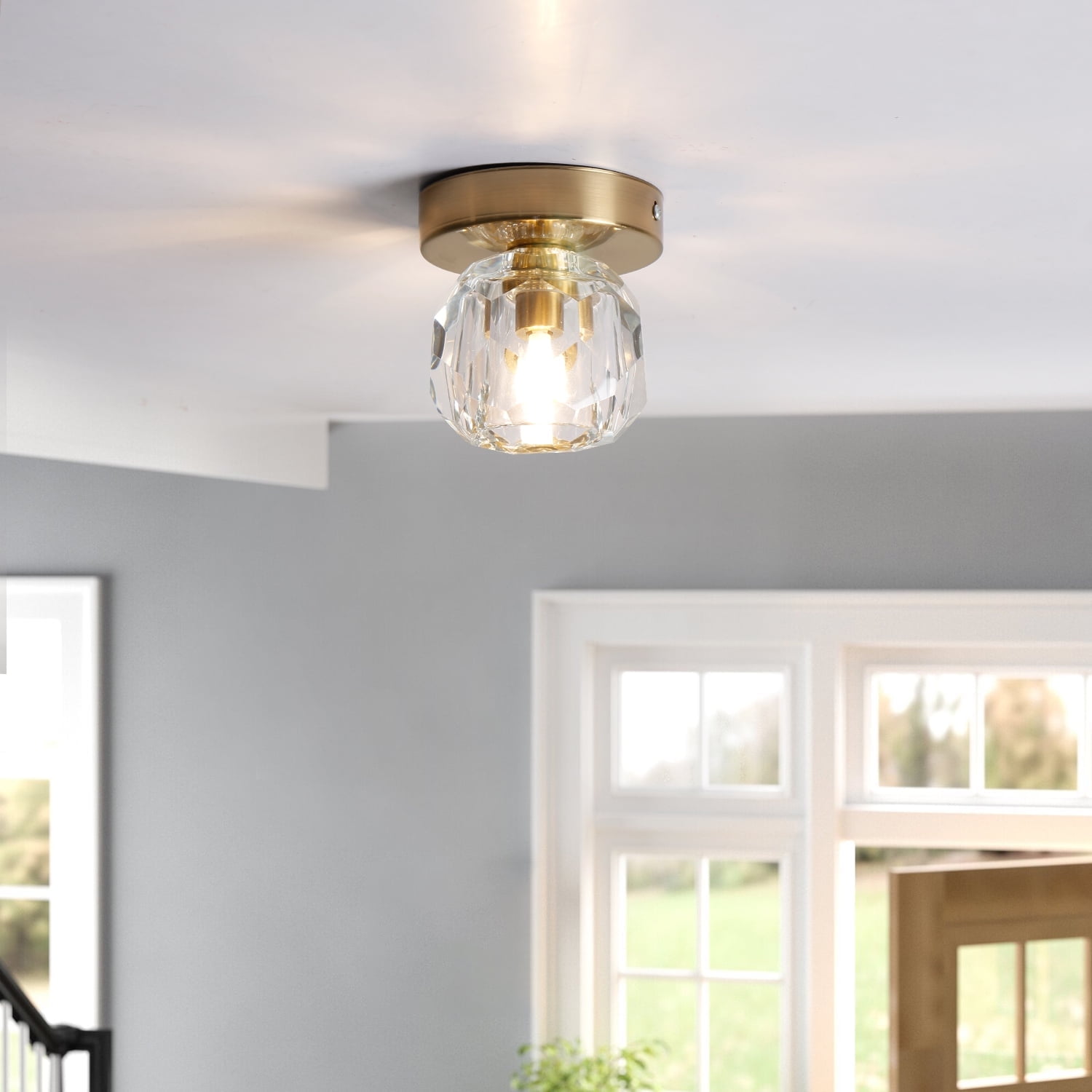 5 in. 1-Light Brass Mini Flush Mount Ceiling Light with Ball Crystal ...