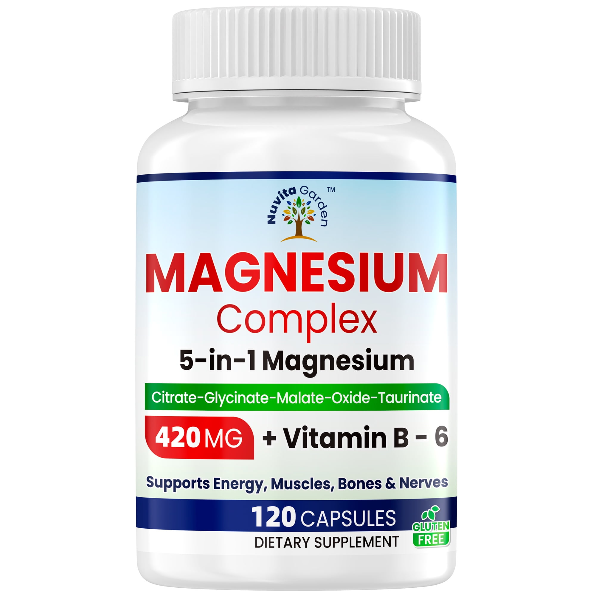 5-in-1 Magnesium Complex 420mg- Chelated Magnesium Glycinate, Malate ...
