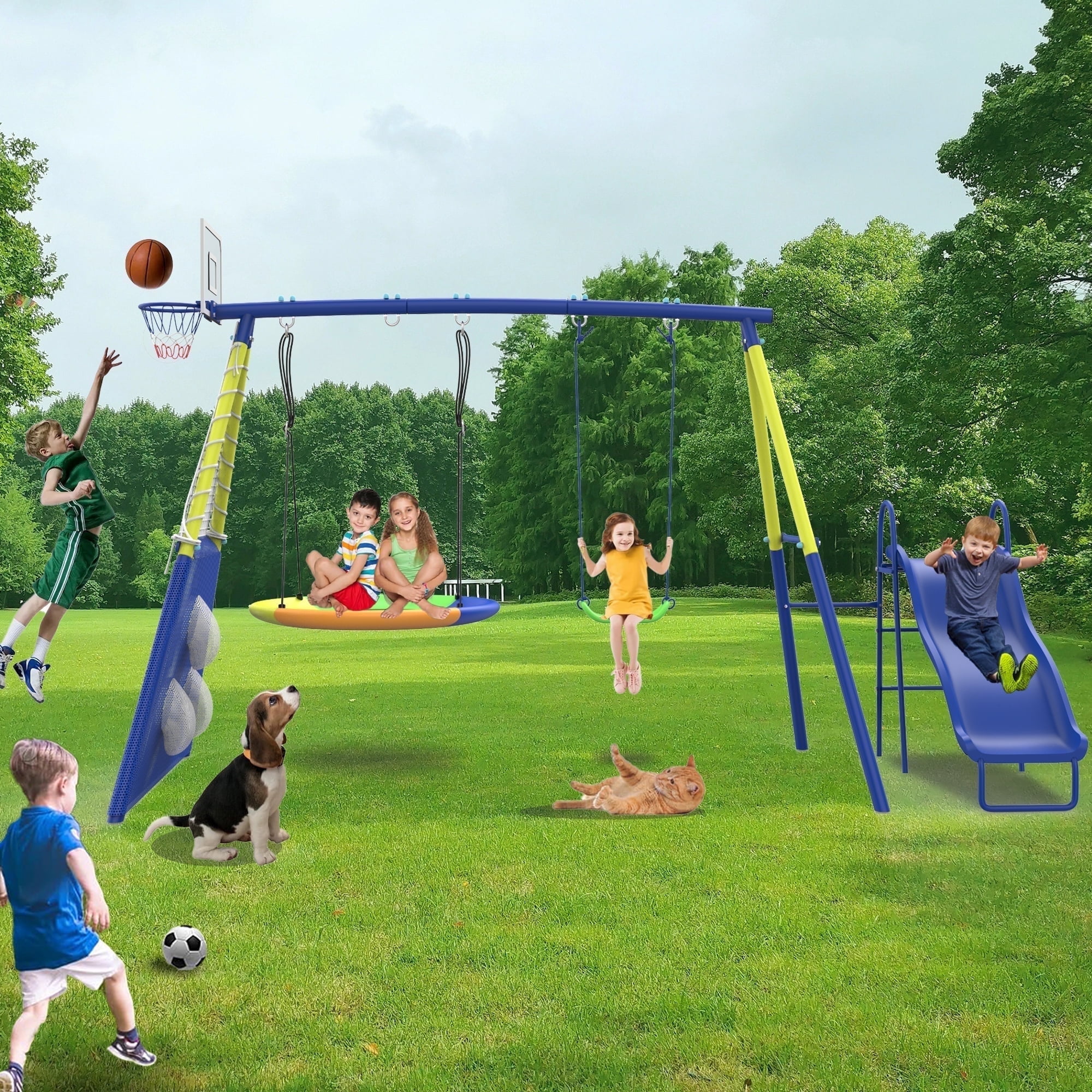 5 in 1 Metal Kids Swing Sets with Heavy Duty Outdoor A-Frame Metal ...