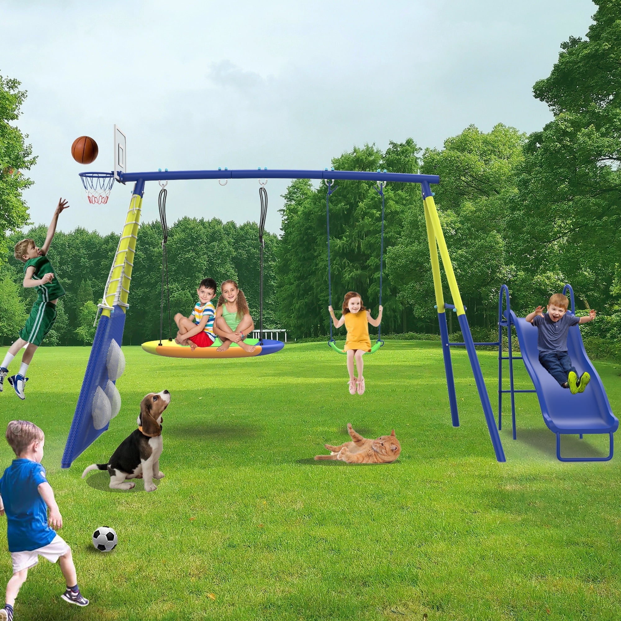 5 in 1 Metal Kids Swing Sets with Heavy Duty Outdoor A-Frame Metal ...