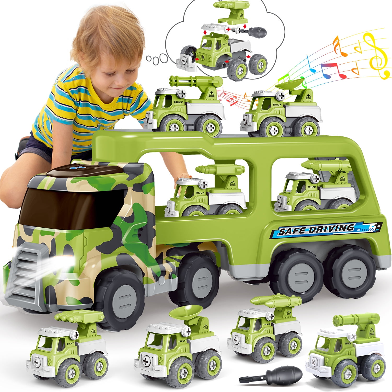 5 in 1 Military Toys with Light & Sound, Army Trucks for Toddlers 3-5 ...