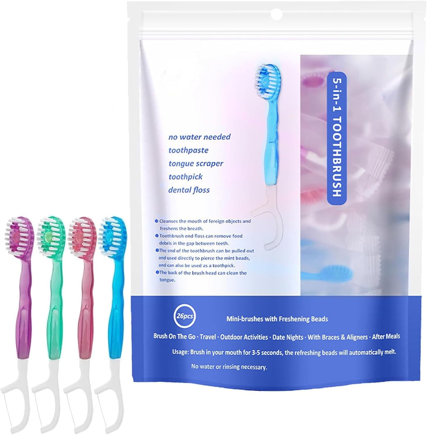5 in 1 Mini Toothbrush & Floss & Tongue Scraper & Toothpick Set, Mini ...