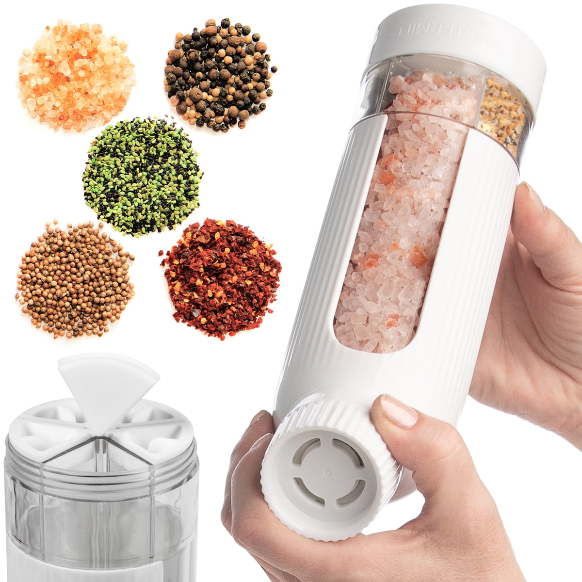 5-in-1 Multi Section Spice Grinder Dispenser, White (Spices Not ...