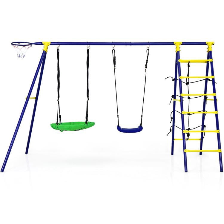 5 in 1 Outdoor Kids Swing Set with A Shaped Metal Frame and Ground ...
