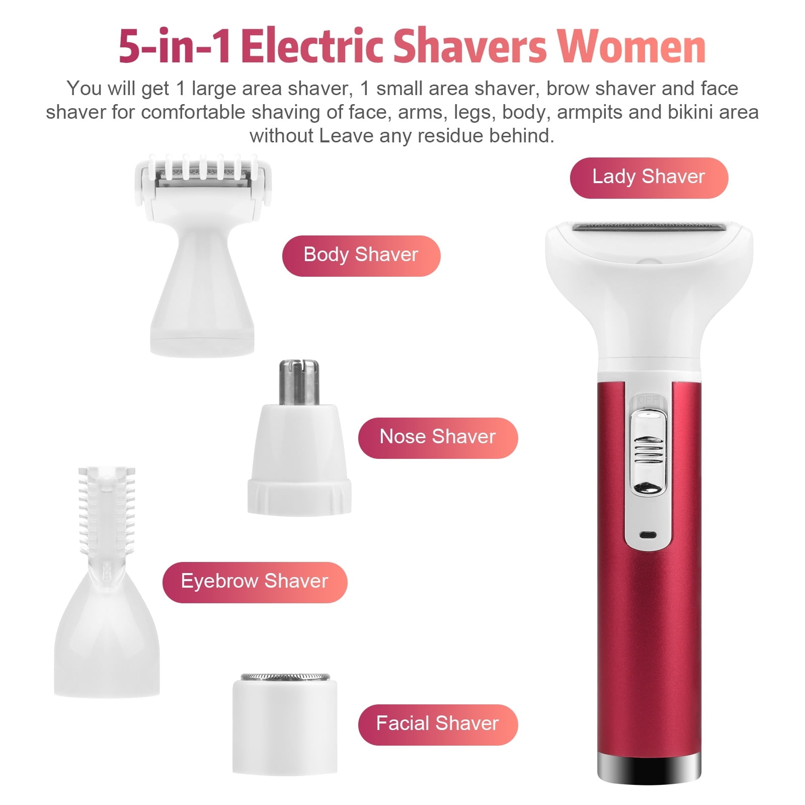 5-in-1 Painless Shaver for Women, Waterproof Rechargeable Electric ...