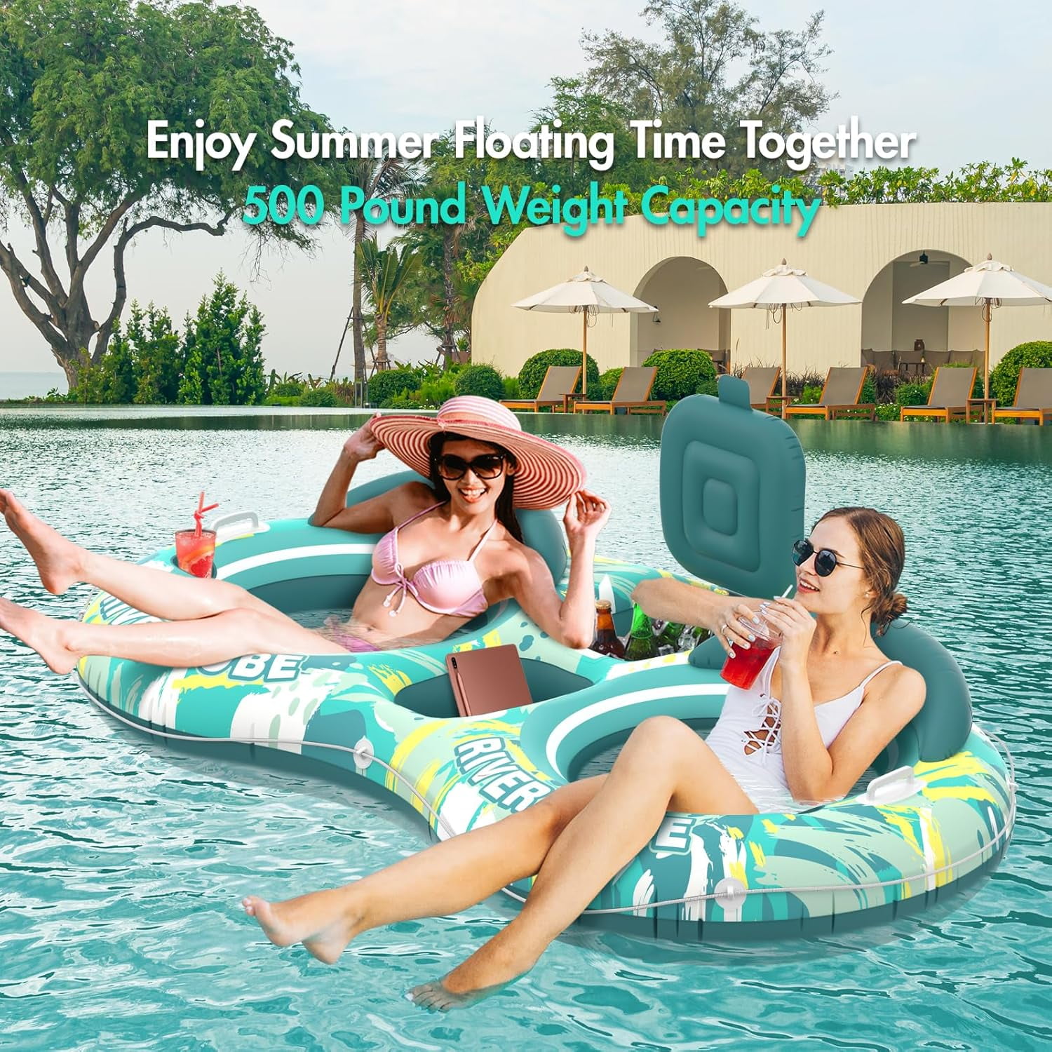 5-in-1 Pool Floats Adult Heavy Duty River Tube, 2 Person Water Lounge with Backrests, Built-in ...