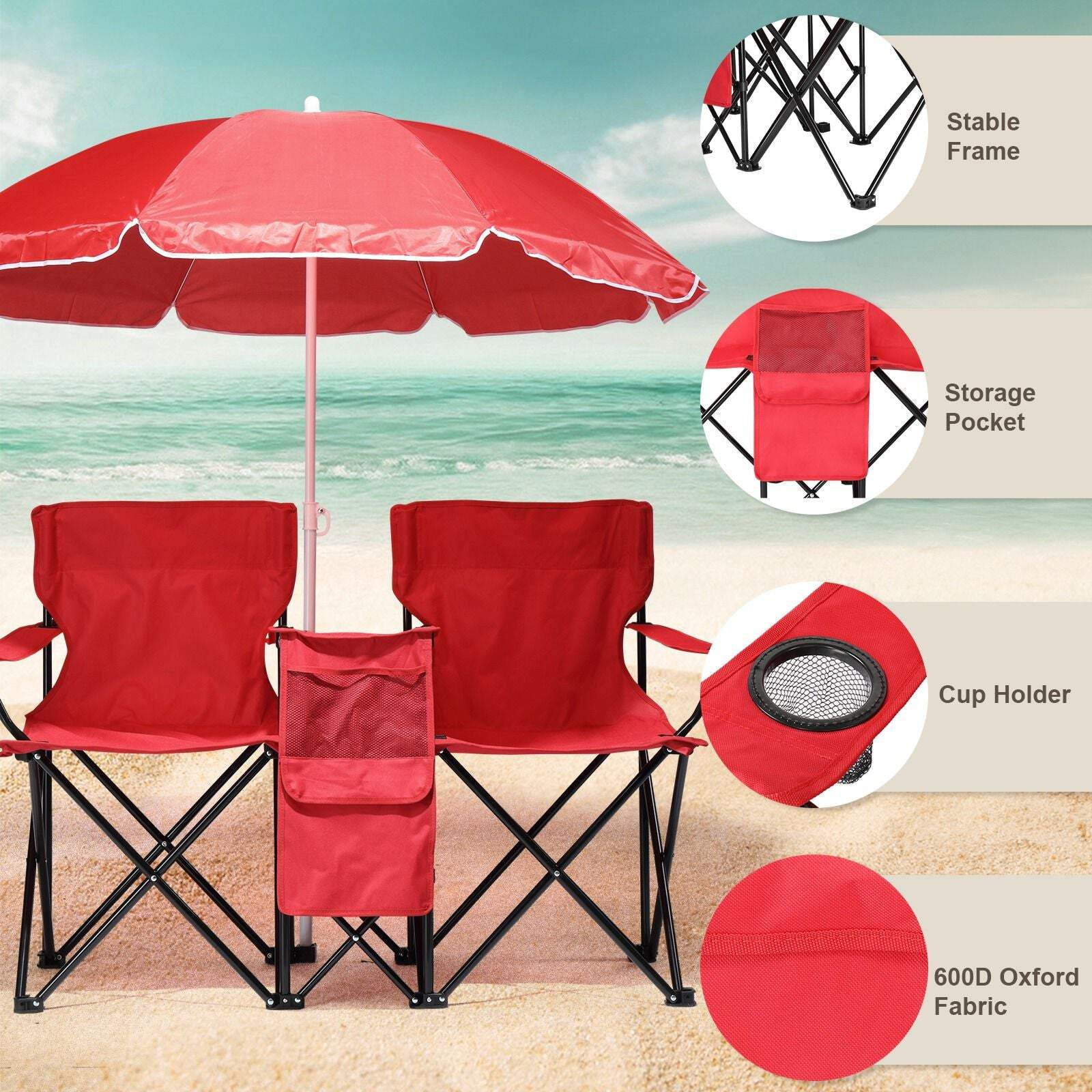 5-in-1 Portable Folding Double Chair with Umbrella, Table Cooler - Walmart.com