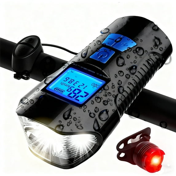 5-in-1 Rechargeable Bike Speedometer & Light Set - Waterproof Bicycle ...