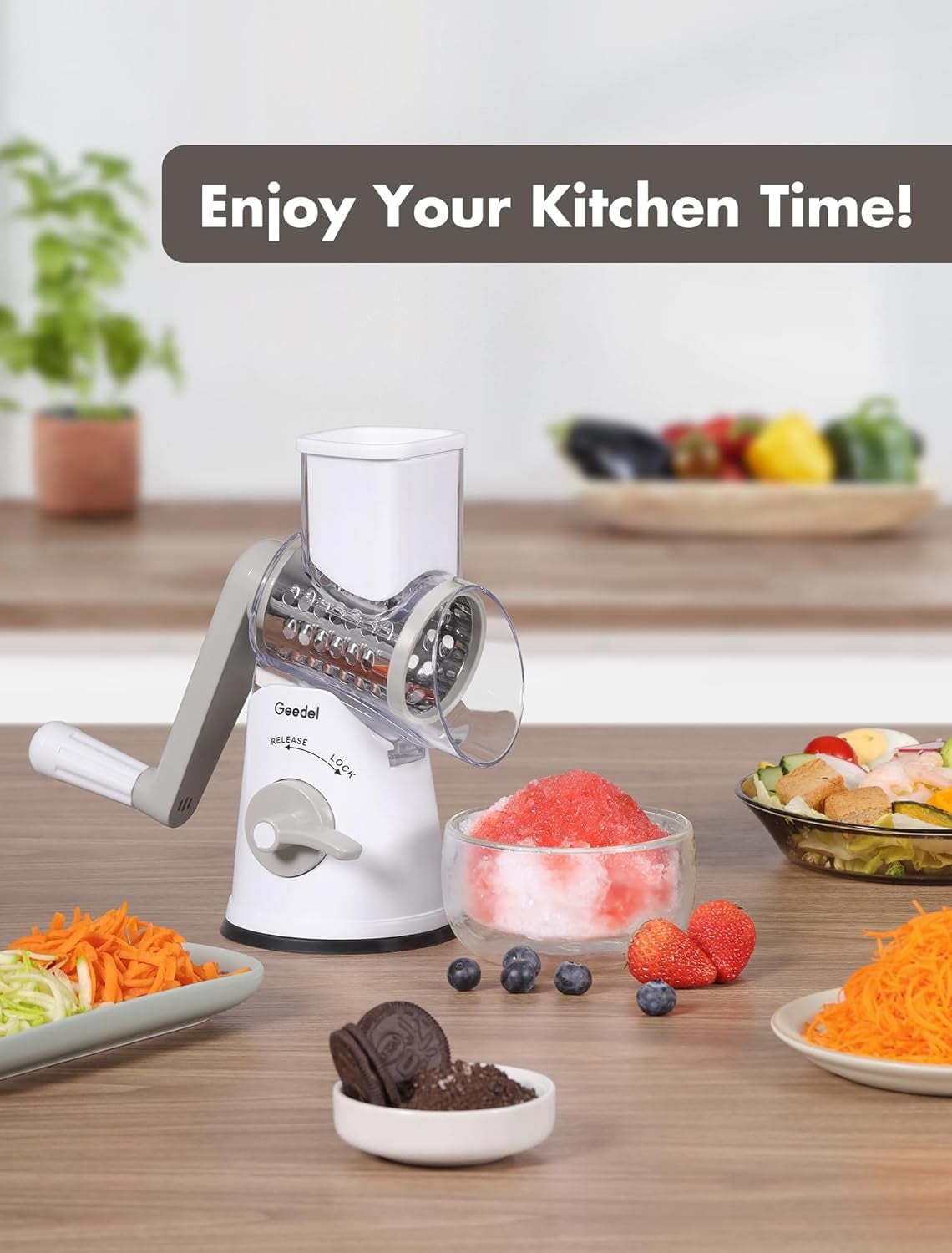 5-in-1 Rotary Cheese Grater with Strong Suction Base, Multi-Purpose Vegetable Slicer for Ice ...