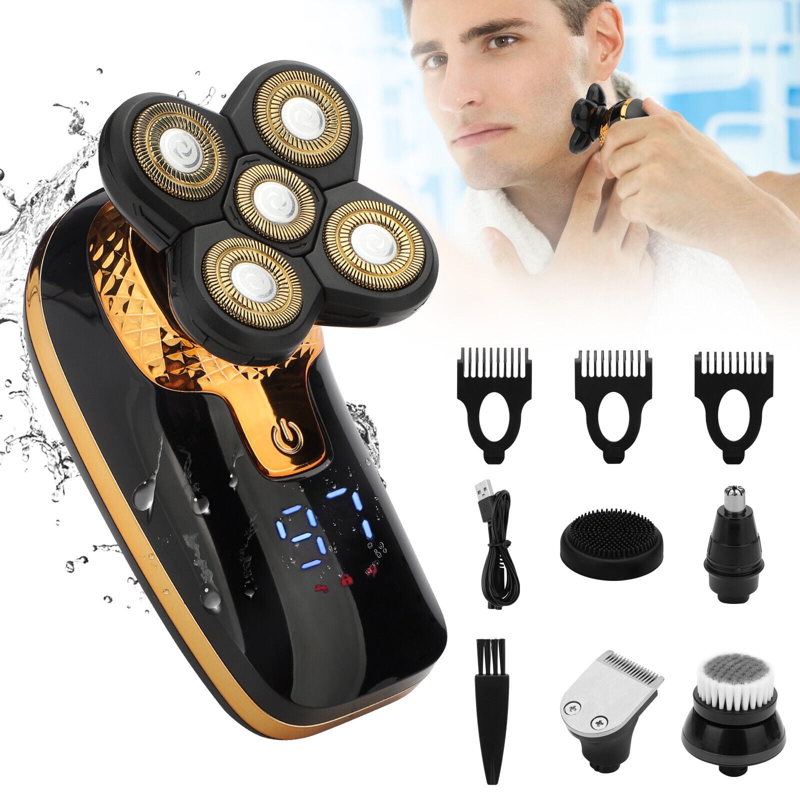 5-in-1 Rotary Electric Shaver 5D Rechargeable Bald Head Hair Beard ...