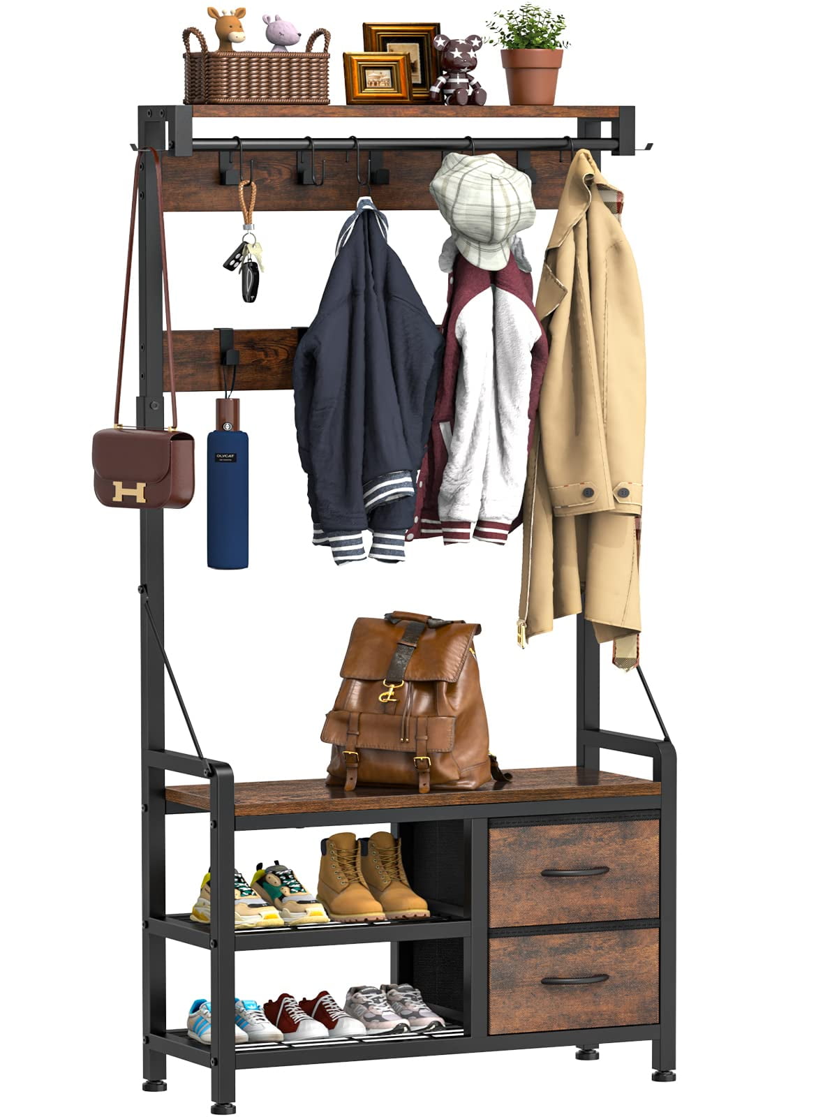 5-in-1 Rustic Brown Entryway Bench: Coat Rack, Shoe Bench, Wall Rack ...