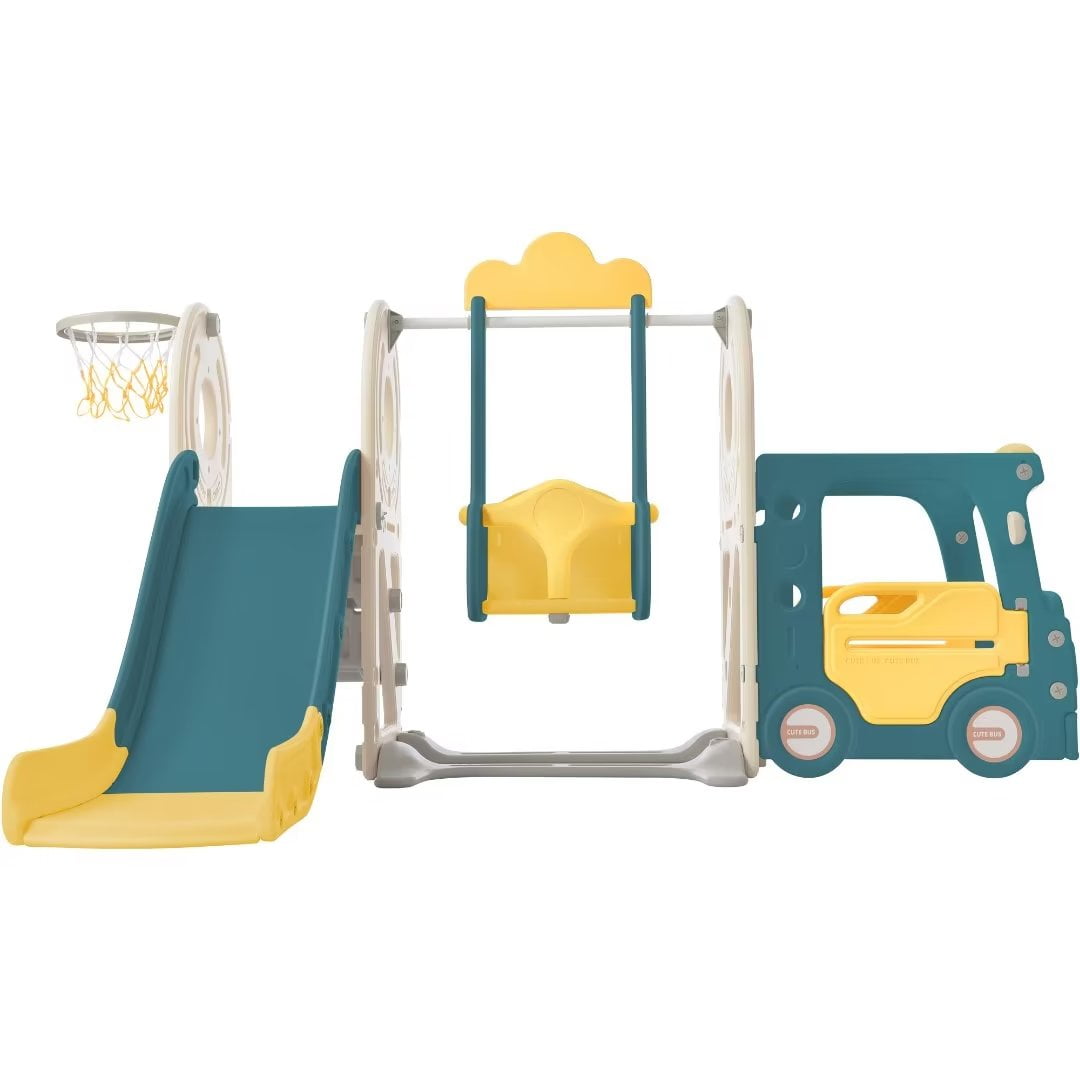 5-in-1 Kids Swing Set & Slide, Playground with Bus Structure ...