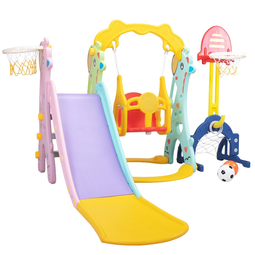 5 in 1 Slide and Swing Play Toy with 2 Basketball Rims, Soccer Ball ...