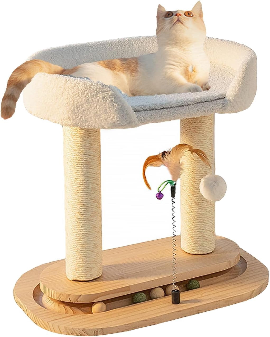 5-in-1 Small Wooden Cat Tree Tower,Natural Sisal Cat Scratching Post ...