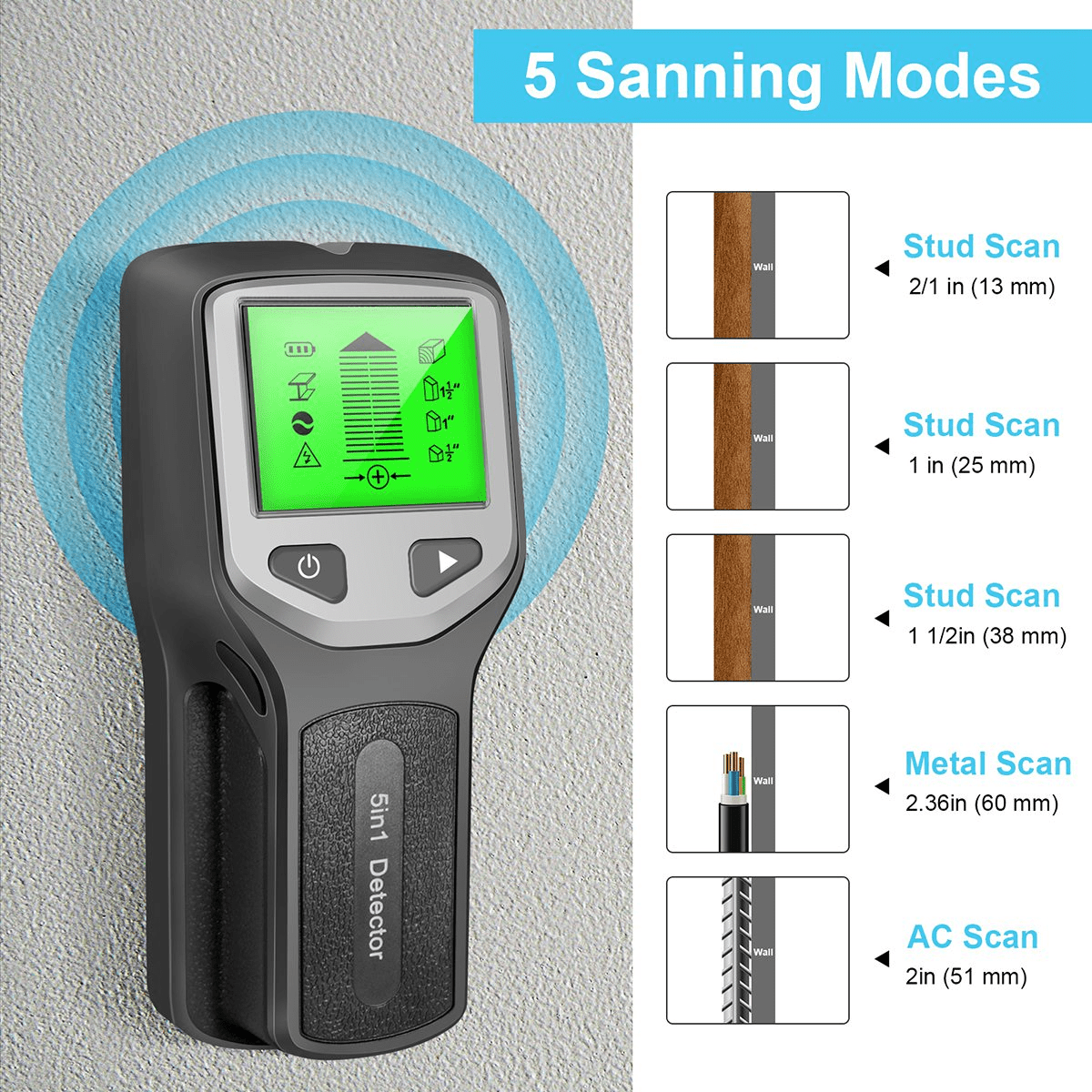 5-in-1 Studs Metal Detector Wall Scanner AC Wood Finder Cable Wires ...