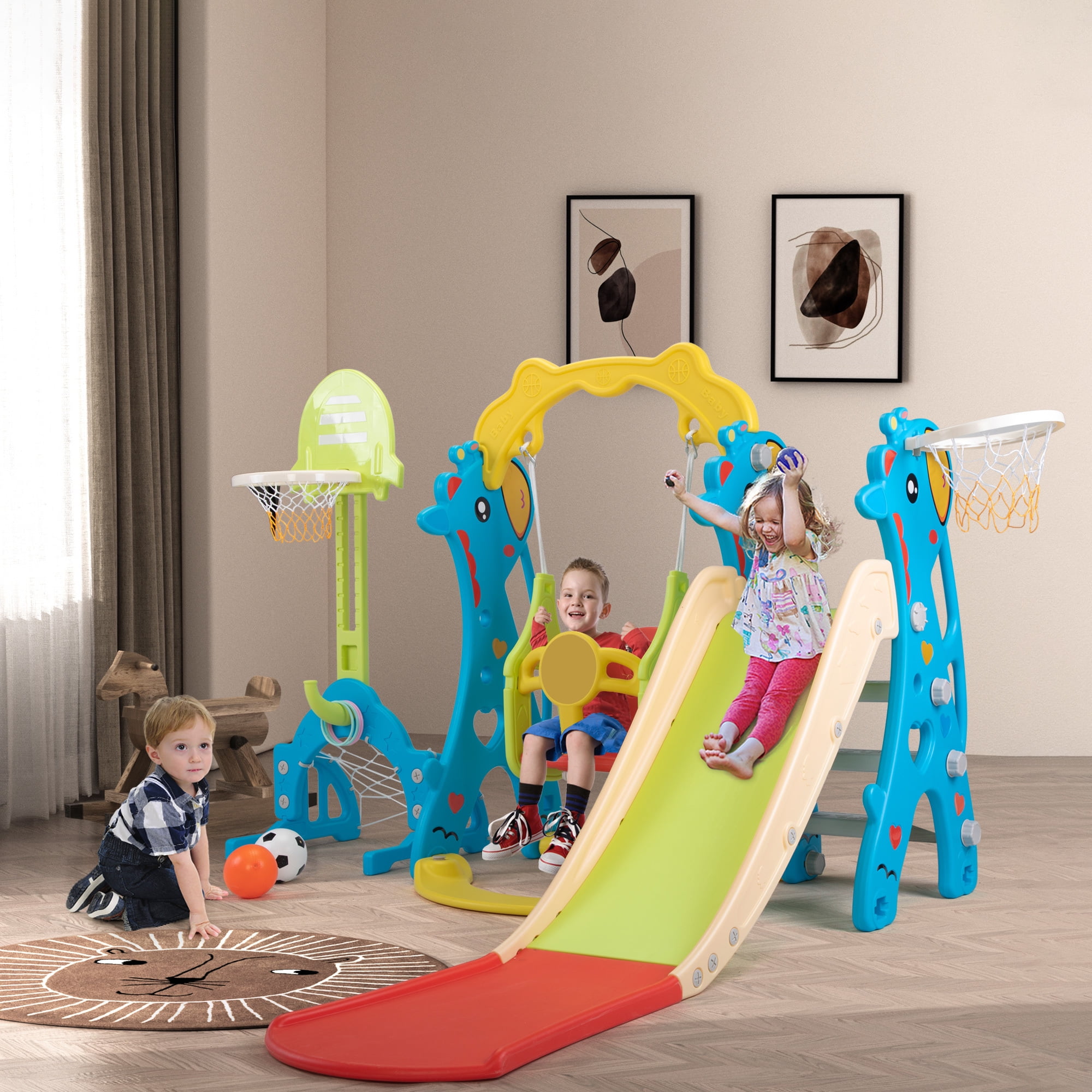 5-in-1 Toddler Slide and Swing Playing Set Extra-Long Slide with 2 ...