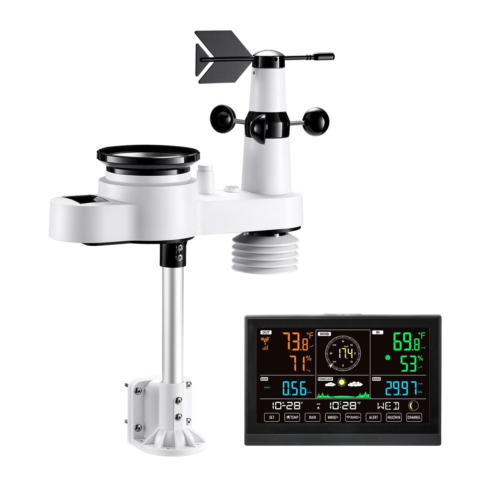 5-in-1 Wi-Fi Weather Station, 7.5-Inch VA Display, Wireless Solar ...