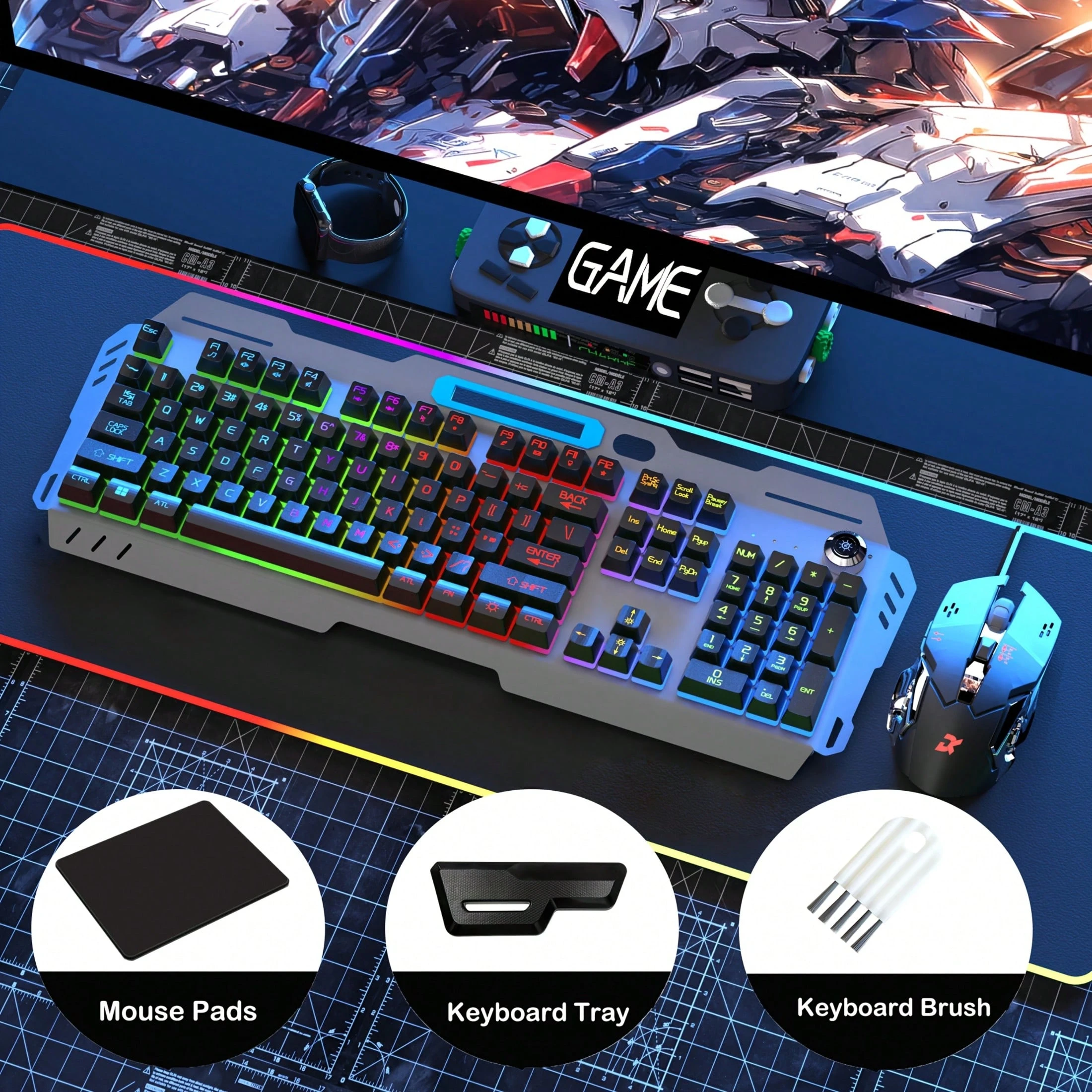 5-in-1 gaming keyboard and mouse combo, 104-key ergonomic wrist rest ...