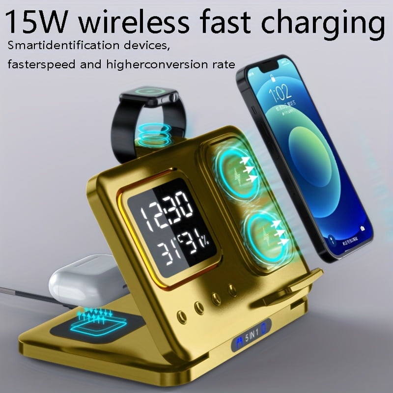 5-in-1 wireless charger, integrating night light, time and temperature ...