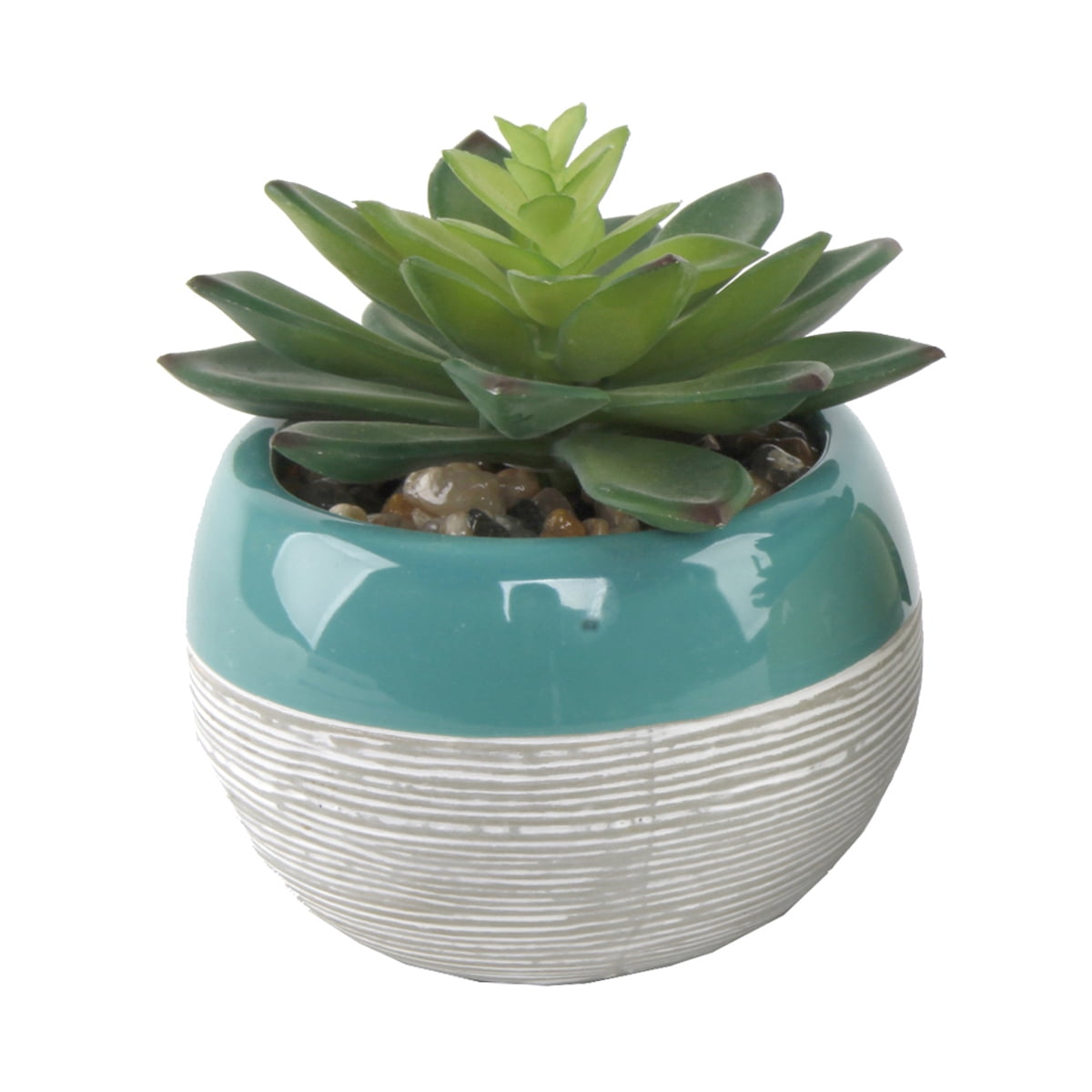 5 in. H Fake Succulent in Two Tone Lines Pattern Ceramic pot ,Teal ...